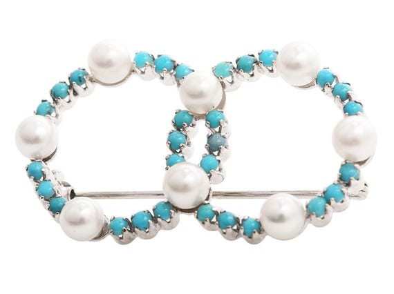Vintage italian turquoise pearl 18k solid white gold … - Gem
