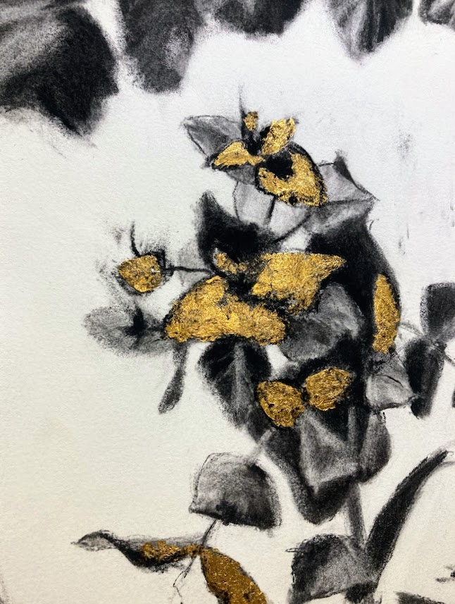 Art Original Charcoal Drawing Abstract Botanical on Paper With Gold ...
