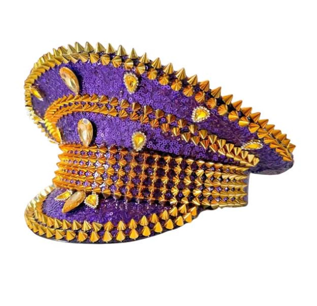 Purple & Gold Spiked Festival Captain Hat – Sequin Drag Queen Hat, Punk ...