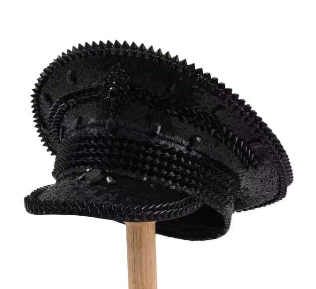 Black Spiked Festival Captain Hat – Gothic Sequin Drag Queen Hat, Punk ...