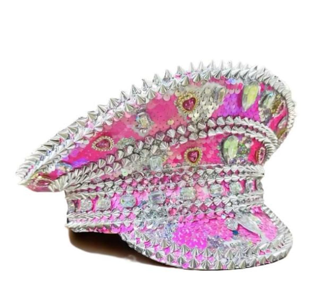 Pink Sequin Spiked Captain Hat – Heart Gem Festival Hat, Drag Queen ...