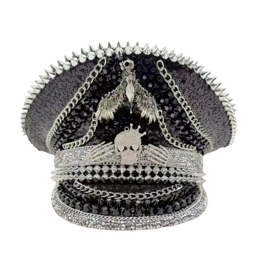 Black Skull Festival Captain Hat – Gothic Rave Hat With Chains & Spikes ...