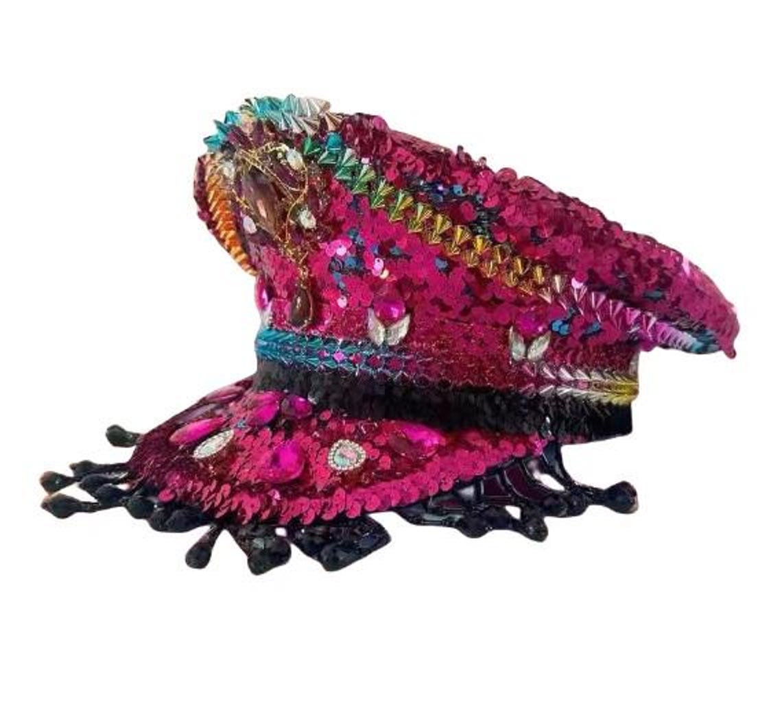 Pink Gothic Festival Captain Hat – Sequin Drag Queen Hat, Beaded Rave ...