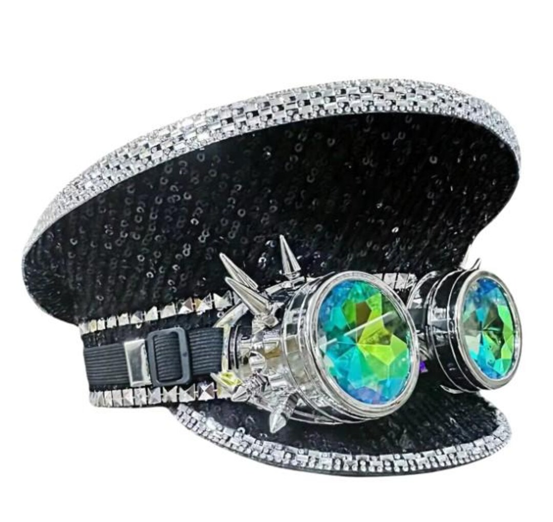 Black Steampunk Captain Hat With Spiked Goggles – Festival Rave Hat ...