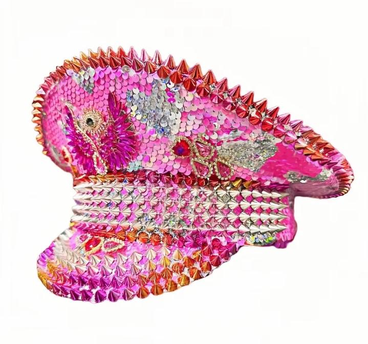 Pink Spiked Festival Captain Hat – Sequin Drag Queen Hat, Rhinestone ...