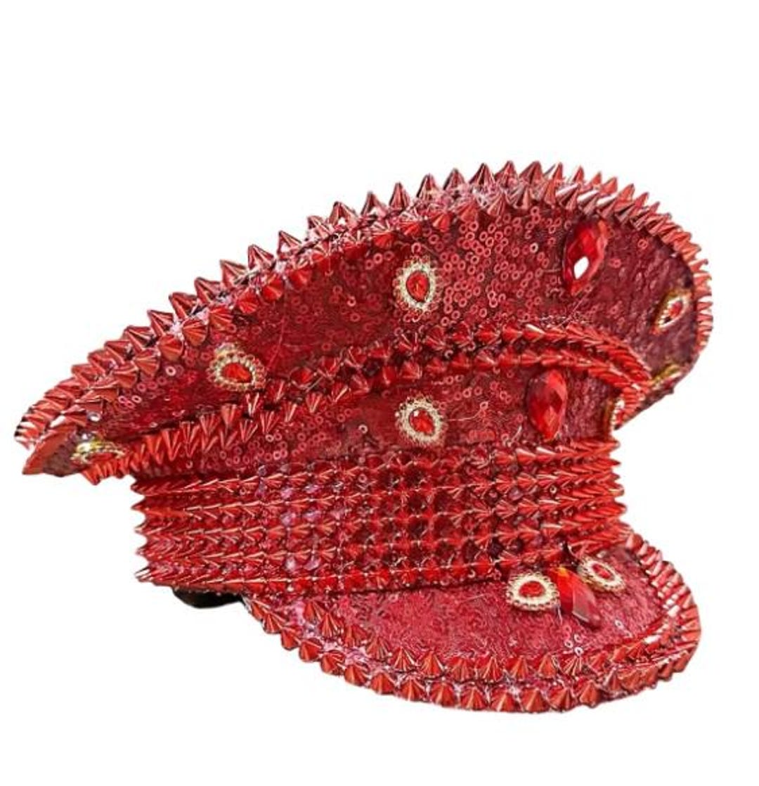 Red Spiked Festival Captain Hat – Sequin Drag Queen Hat, Rhinestone ...