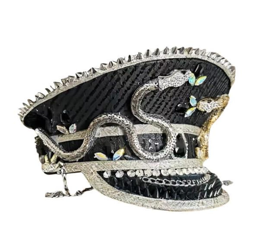 Snake Festival Hat, Black and Silver Sequin Captain Hat, Gothic Cobra ...