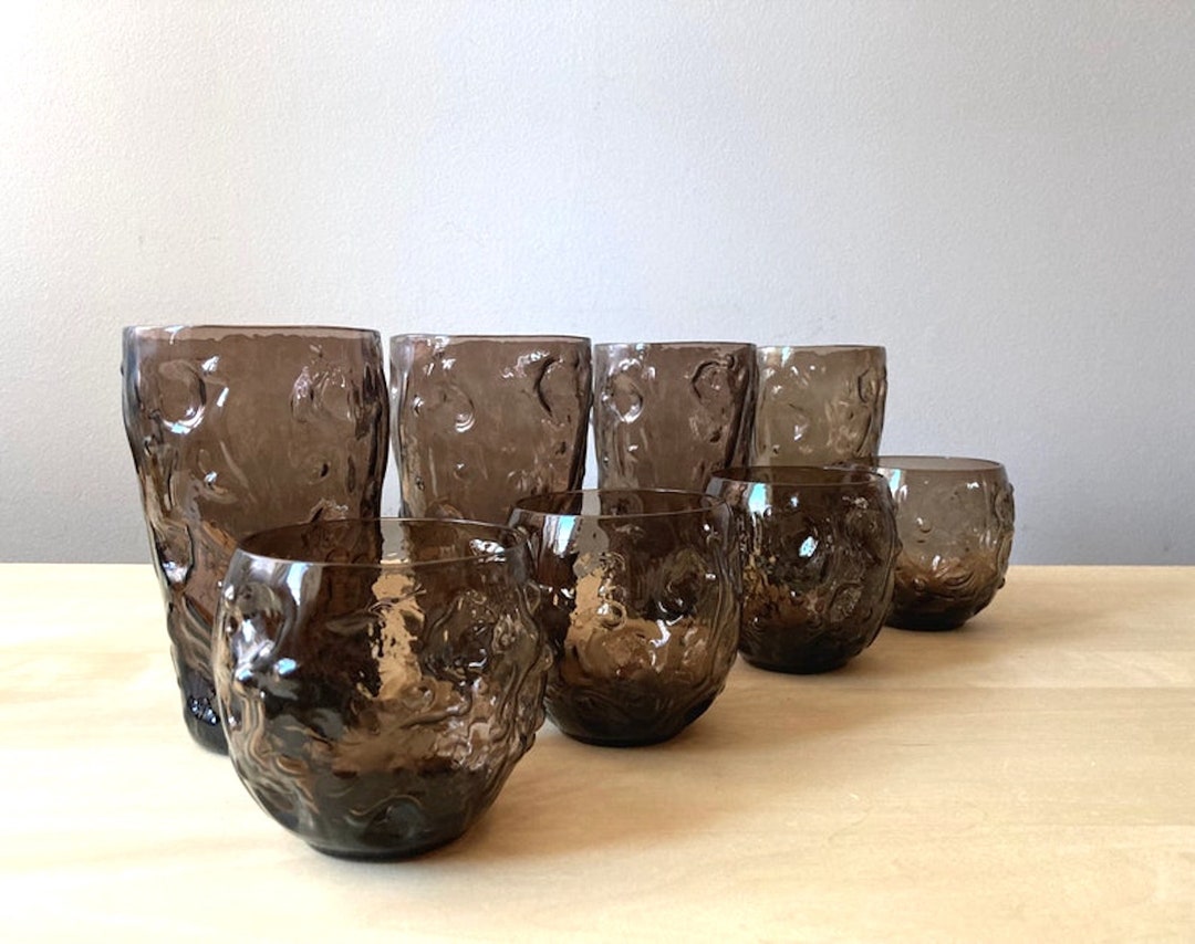 Smoke Brown Pinched Glass Tex Glass Decatur CHOICE Vintage Tumblers Mid ...