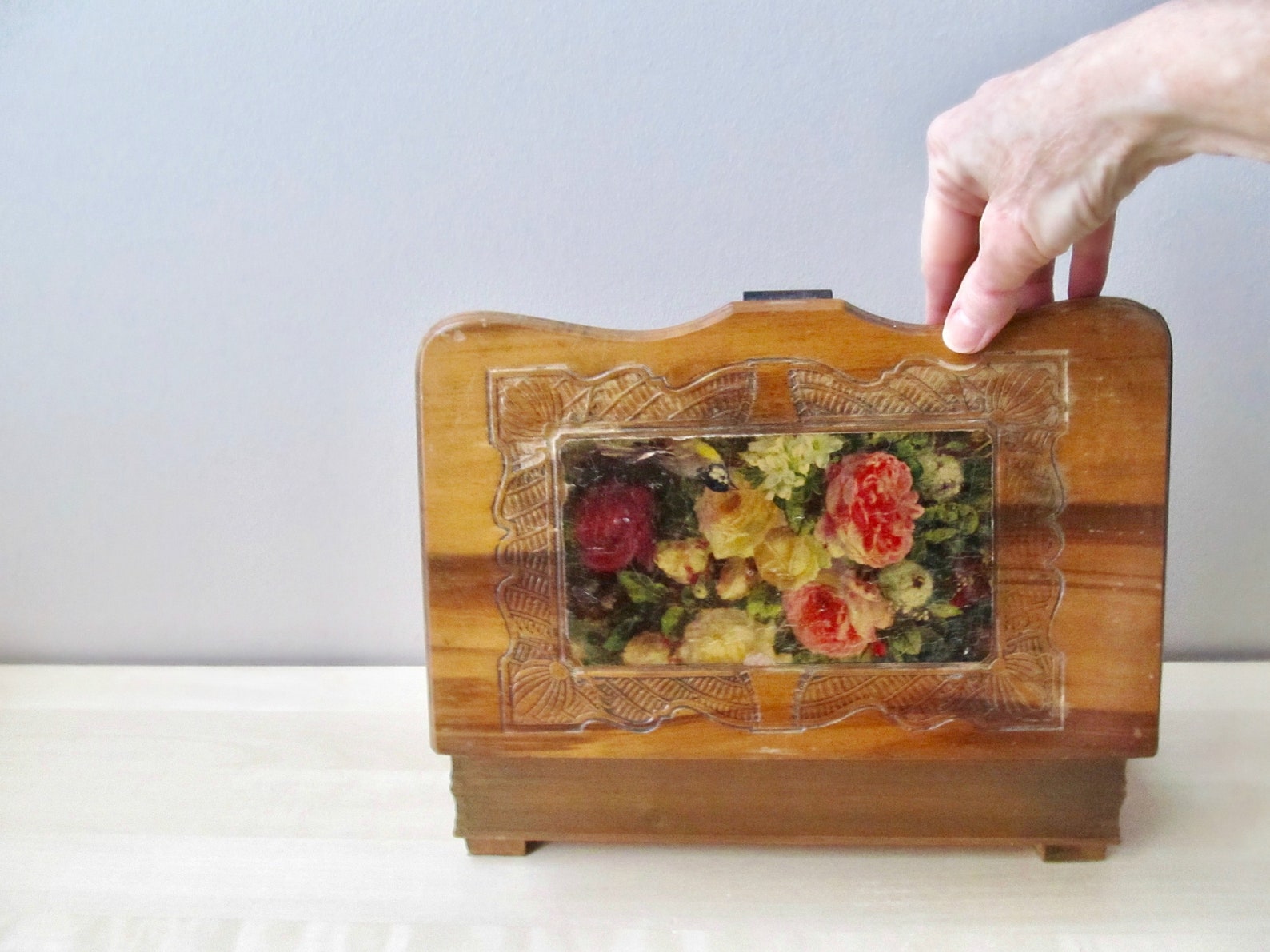 Small cedar chest sewing glove hanky box with mirror rose | Etsy