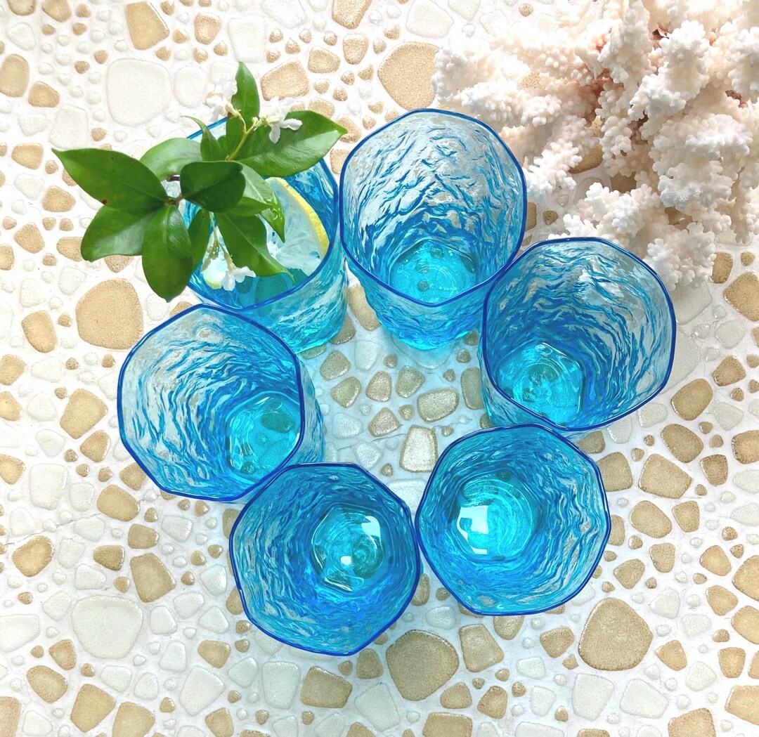 Peacock Blue Pinched Glass Vintage Tumblers Old Fashioned Iced Tea Bar ...