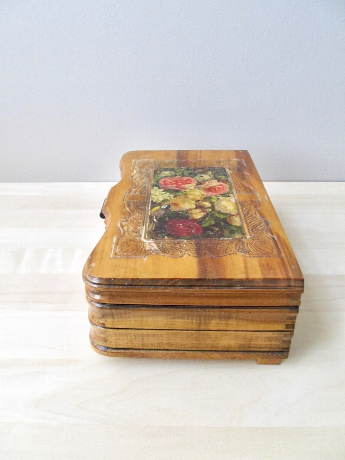 Small cedar chest sewing glove hanky box with mirror rose | Etsy