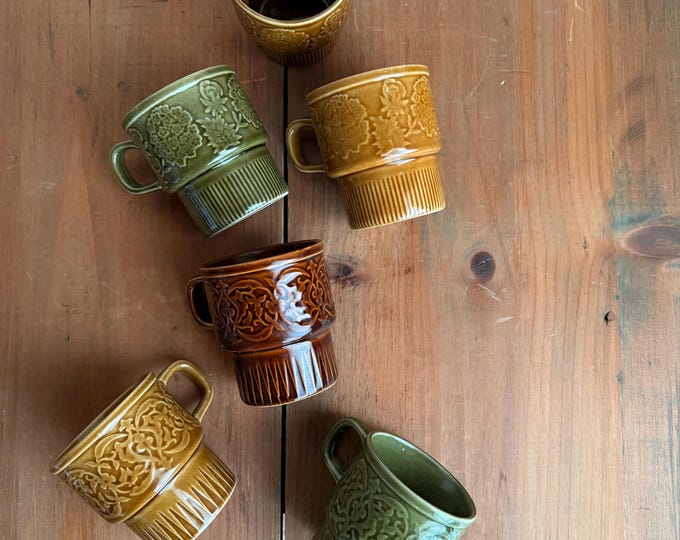Vintage Stacking Mugs Ceramic Coffee Cups Japan 1960s Green Gold Brown ...