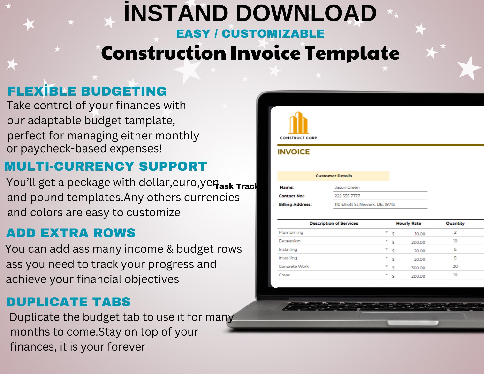 Construction Invoice Template, Digital Download, Editable Google Sheets ...
