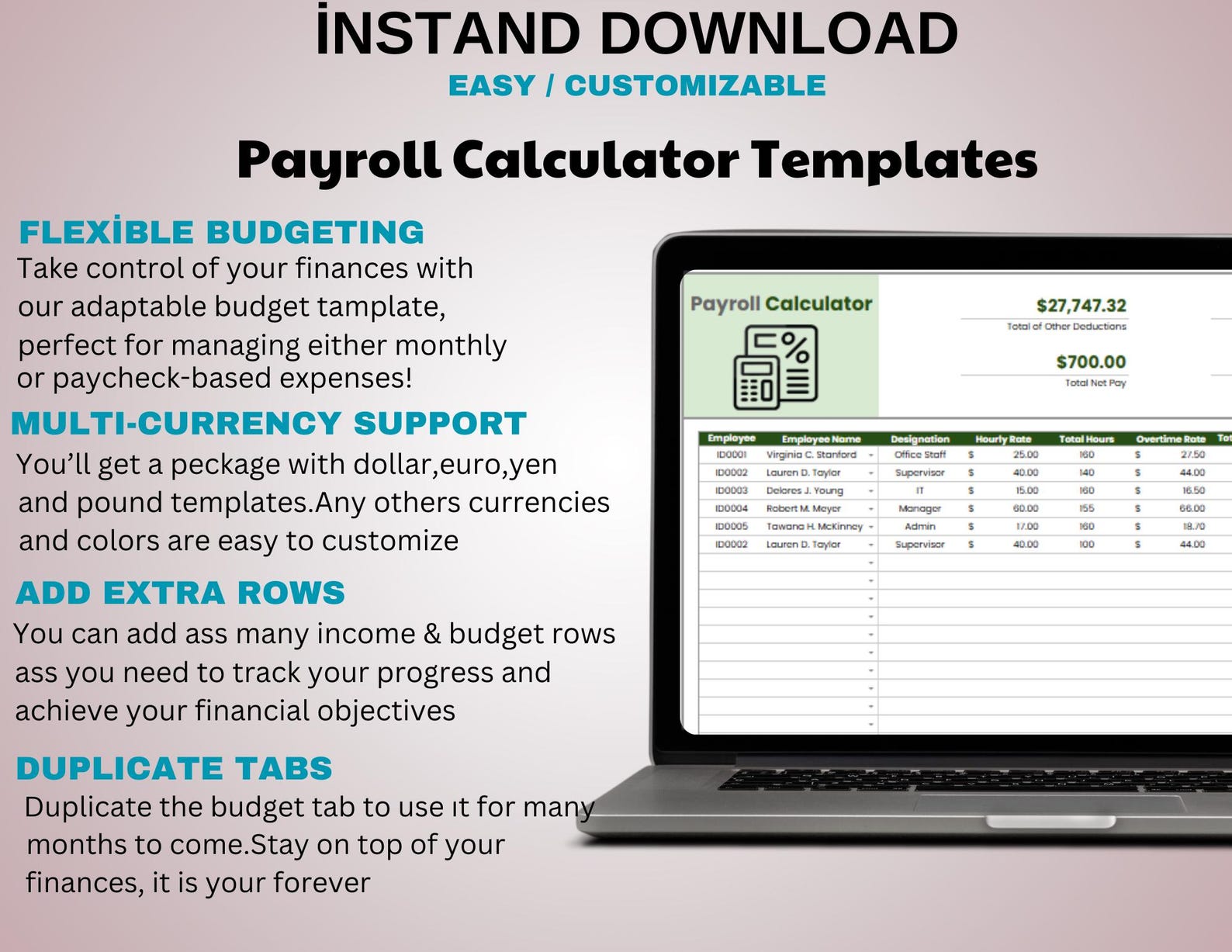 Payroll Calculator Template, Editable Google Sheets, Easy to Use ...