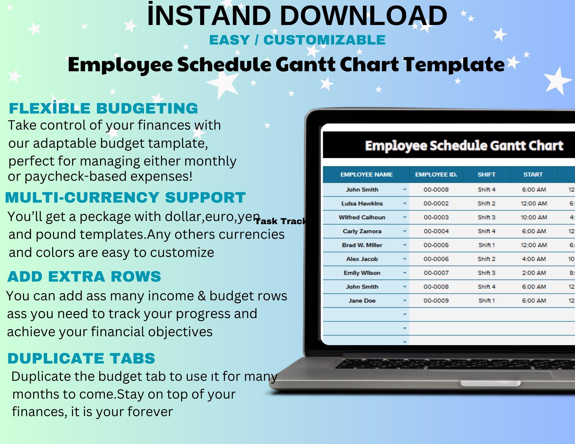 Employee Schedule Gantt Chart Template: Editable Google Sheets (digital ...