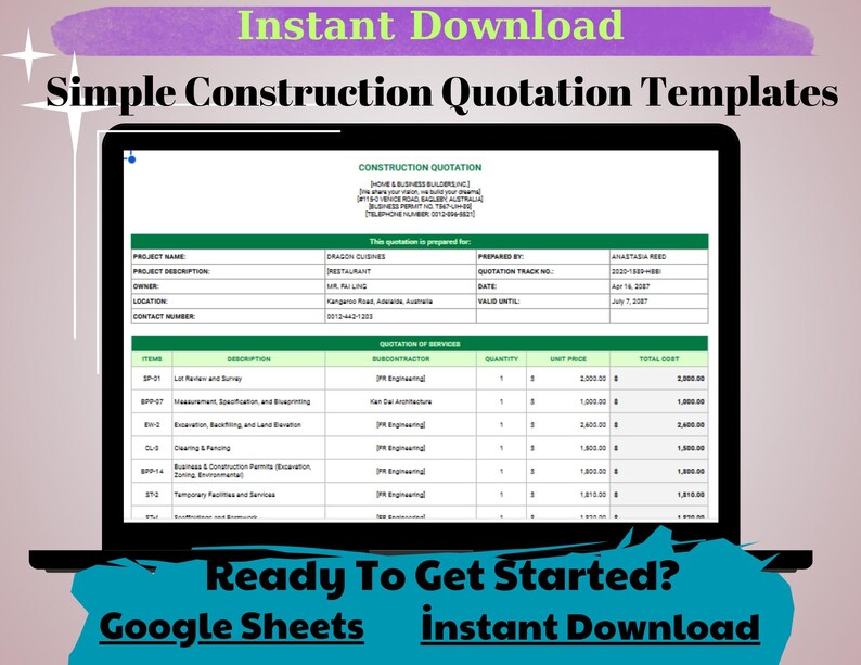 Simple Construction Quotation Templates, Digital Download, Editable ...