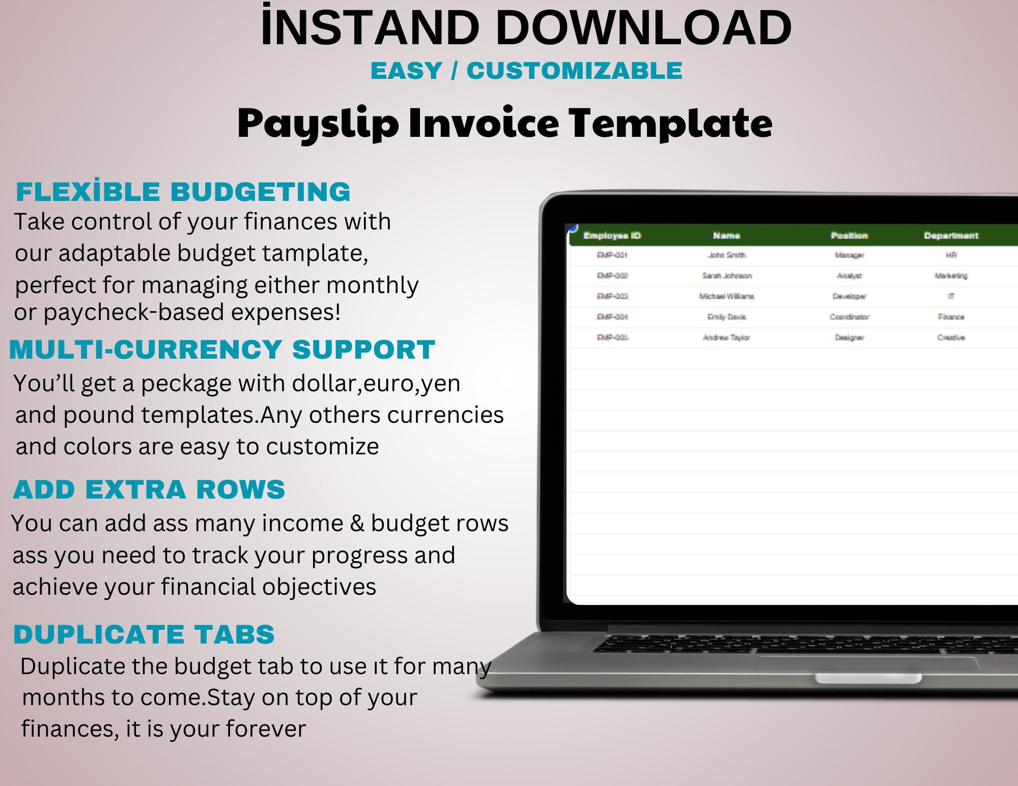Payslip Invoice Template, Digital Download, Google Sheets, Editable ...