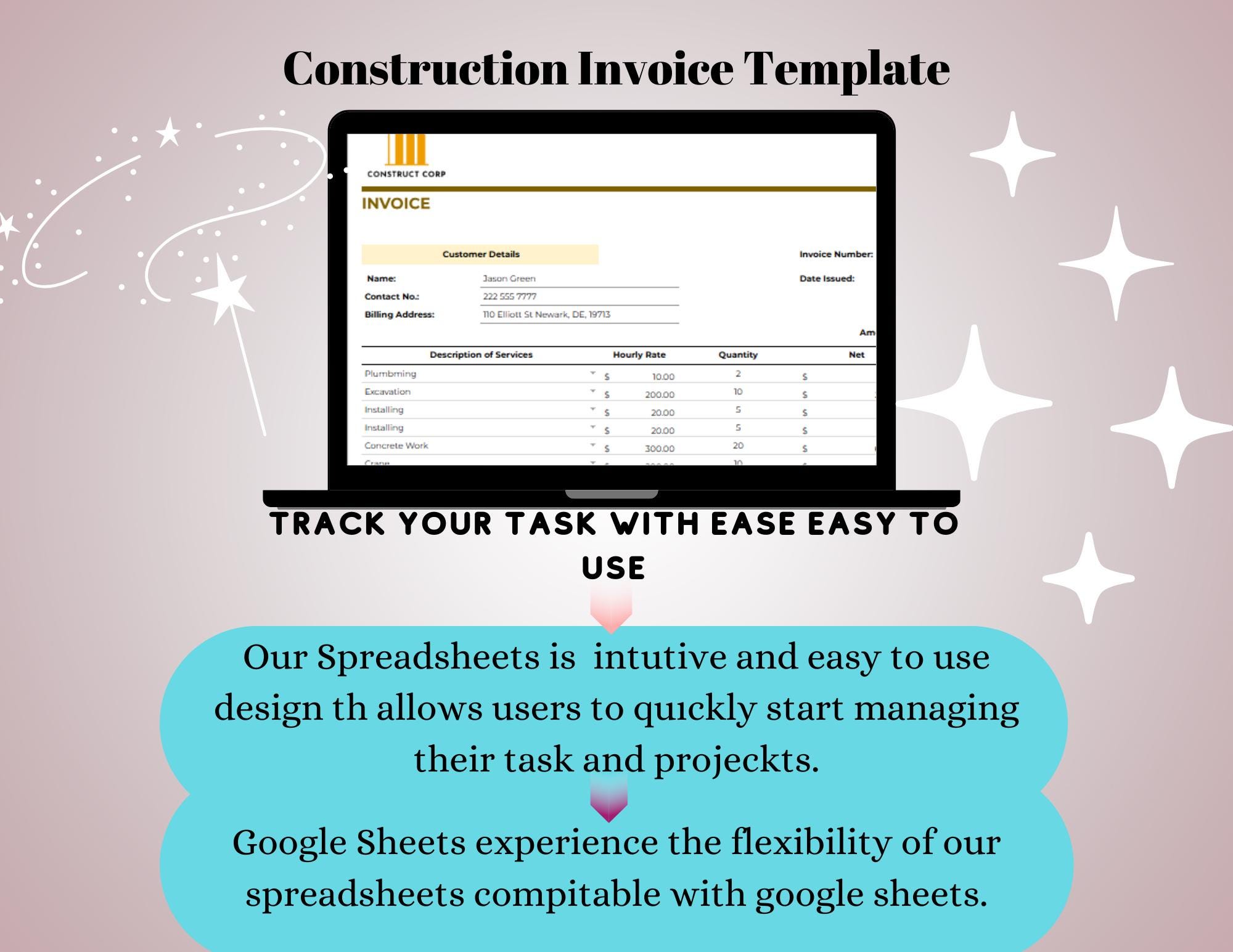 Construction Invoice Template, Digital Download, Editable Google Sheets ...