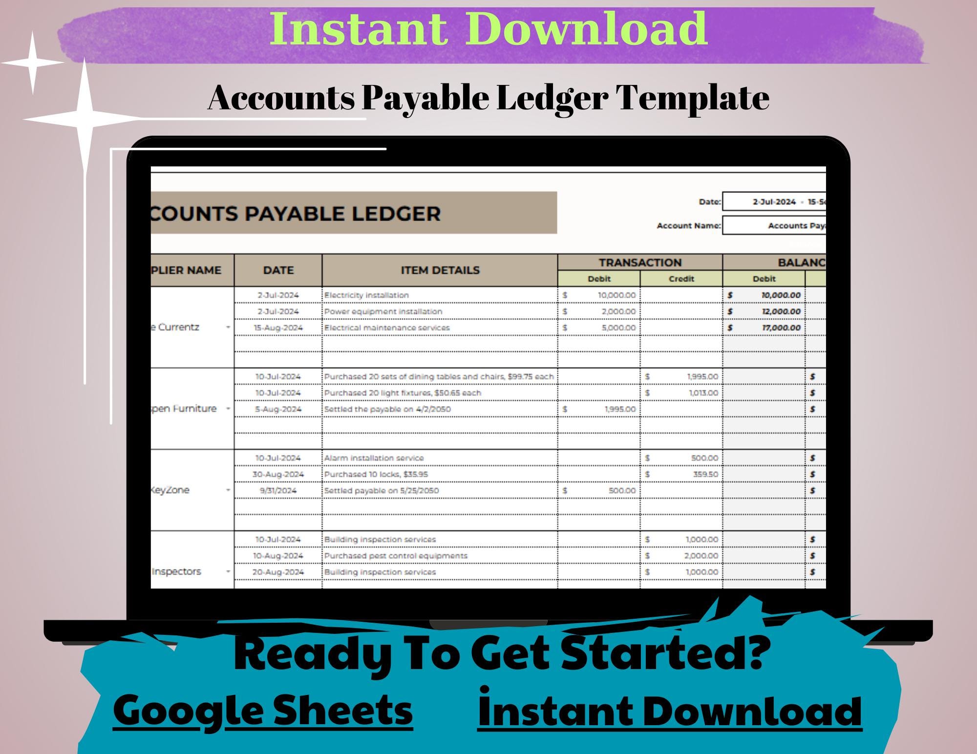 Accounts Payable Ledger Template, Editable Google Sheets, Digital ...