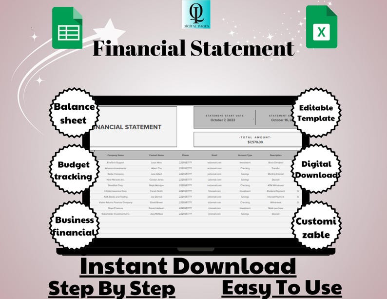 Financial Statement Template, Editable Google Sheets, Digital Download ...