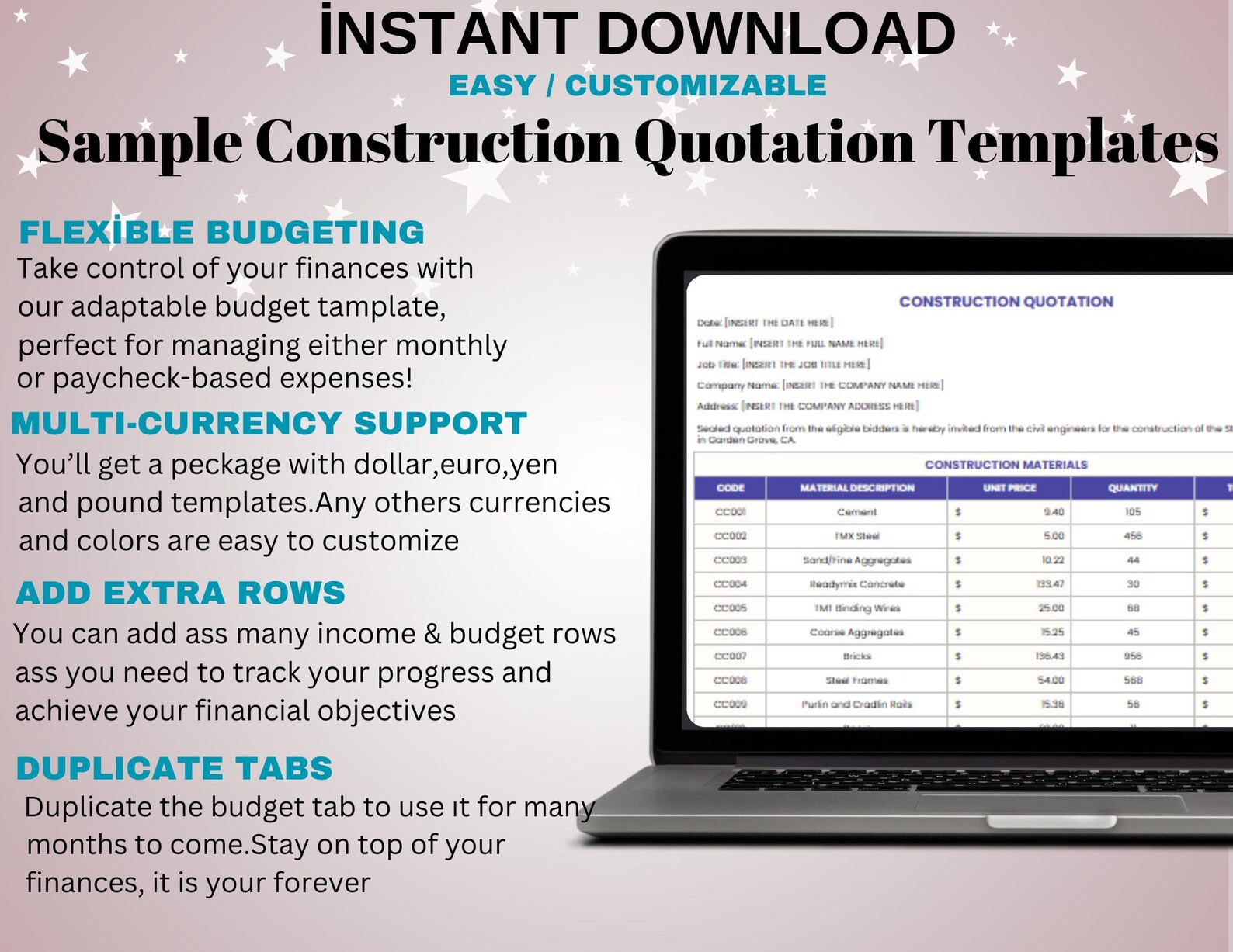 Sample Construction Quotation Templates, Digital Download, Editable ...
