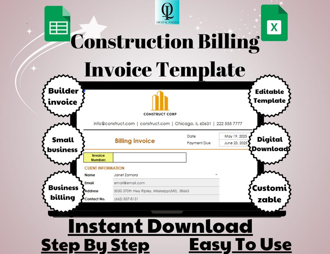 Construction Billing Invoice Template, Digital Download, Editable ...