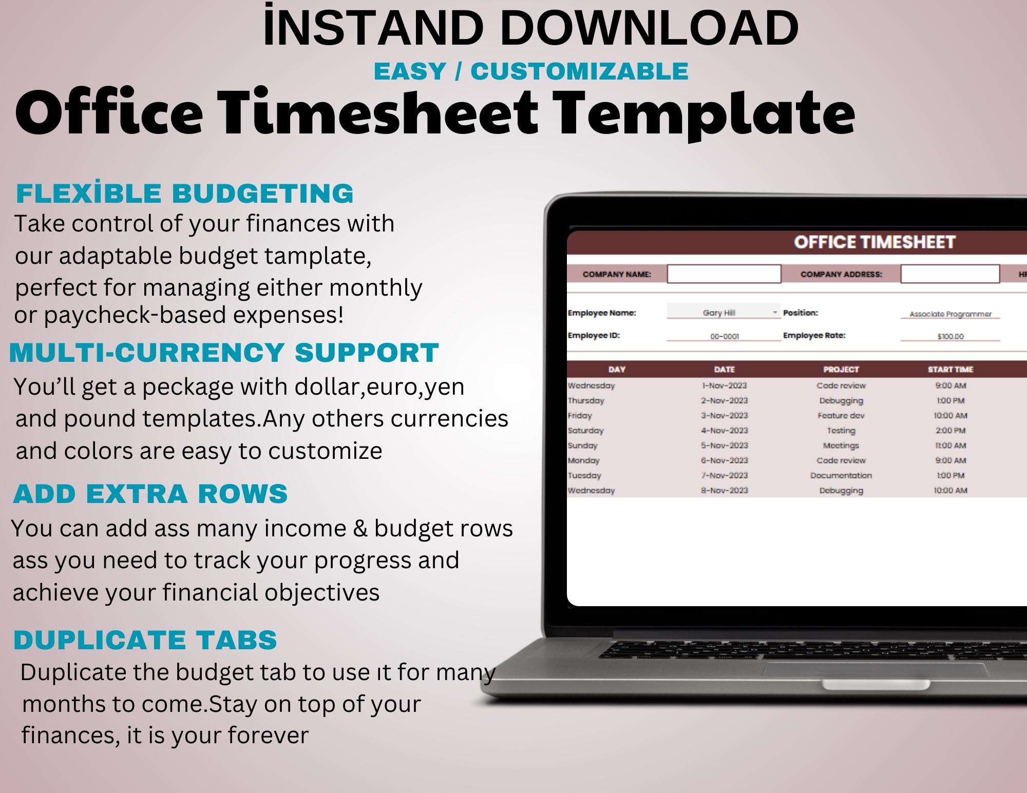 Office Timesheet Template|google Sheets|track Work Hours&attendance ...