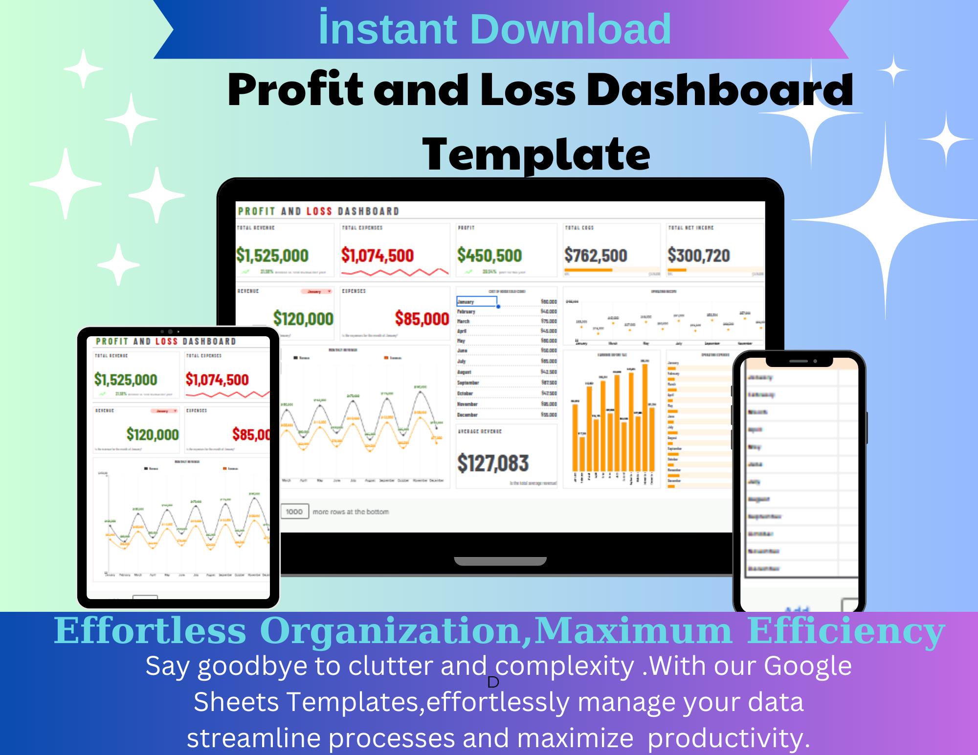 Profit and Loss Dashboard Template, Editable Google Sheets, Easy to Use ...