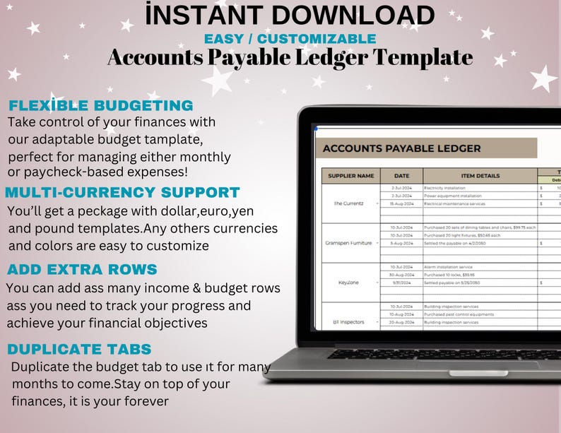 Accounts Payable Ledger Template, Editable Google Sheets, Digital ...