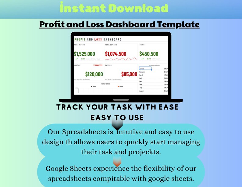 Profit and Loss Dashboard Template, Editable Google Sheets, Easy to Use Digital Download for ...