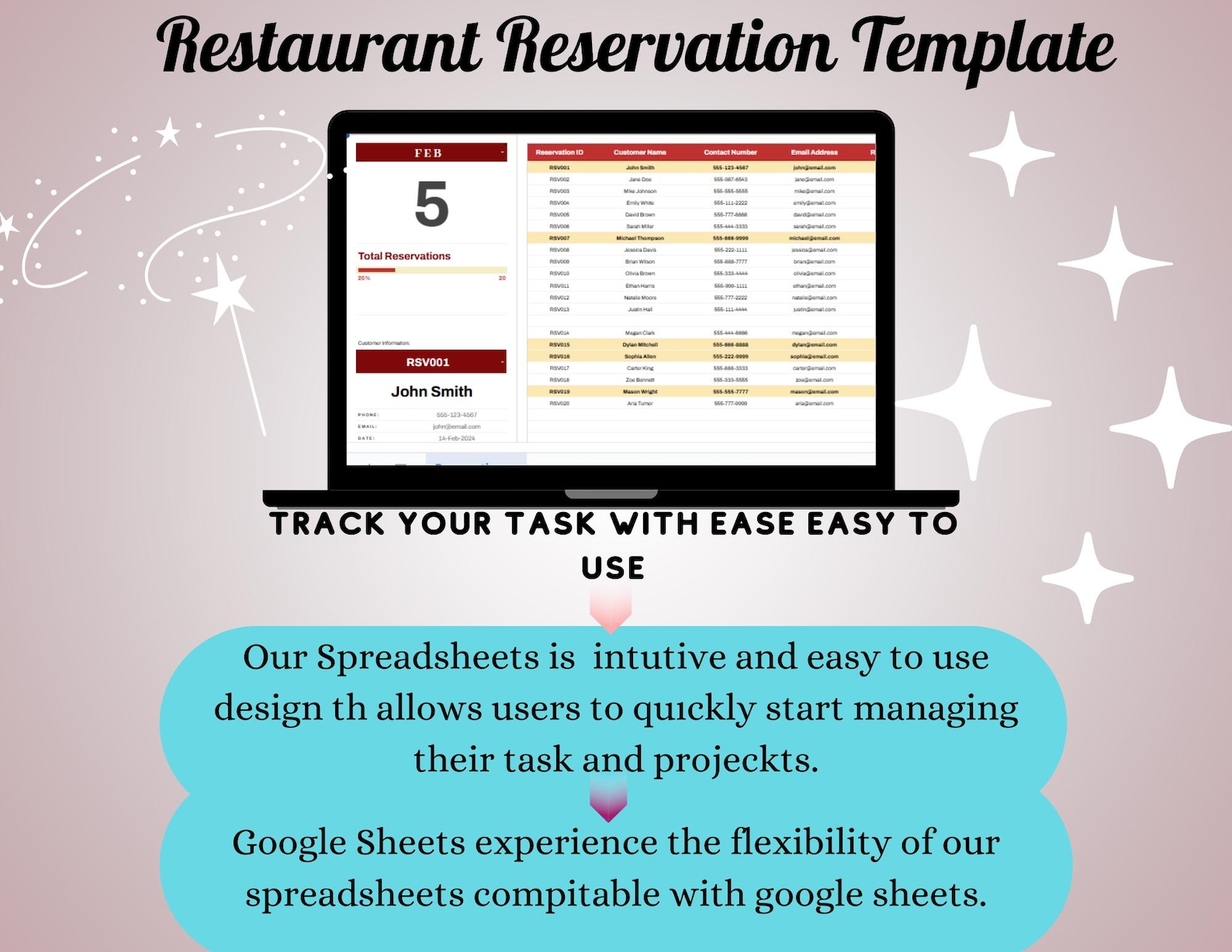 Restaurant Reservation Template, Editable Google Sheets, Digital ...