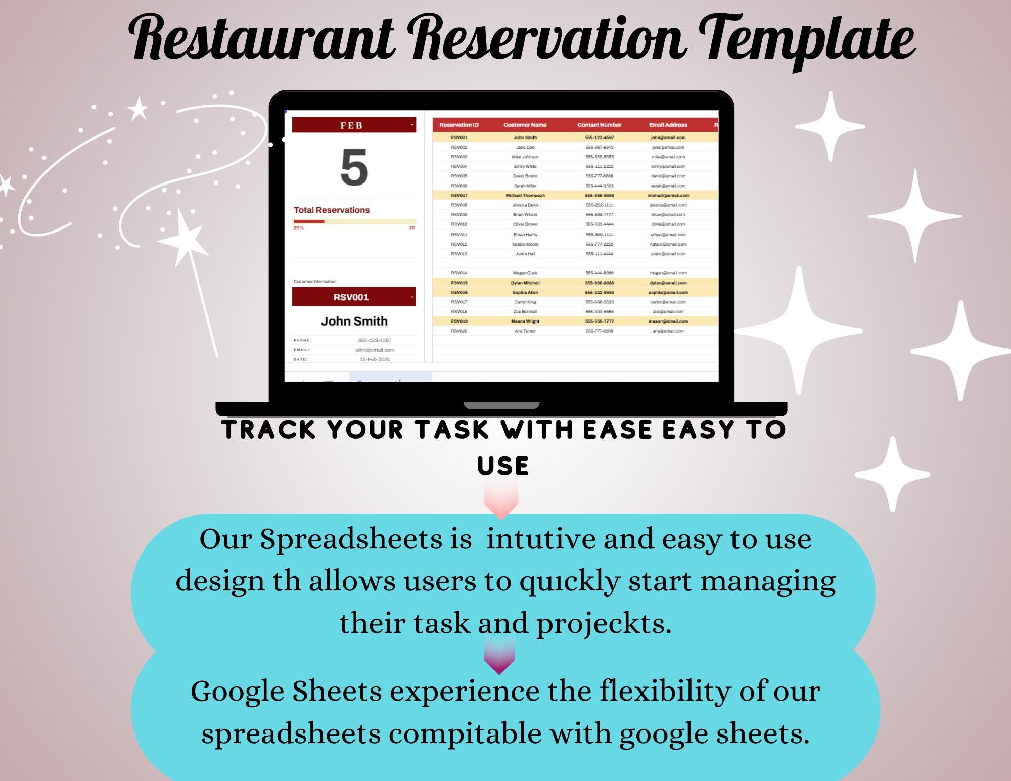 Restaurant Reservation Template, Editable Google Sheets, Digital ...
