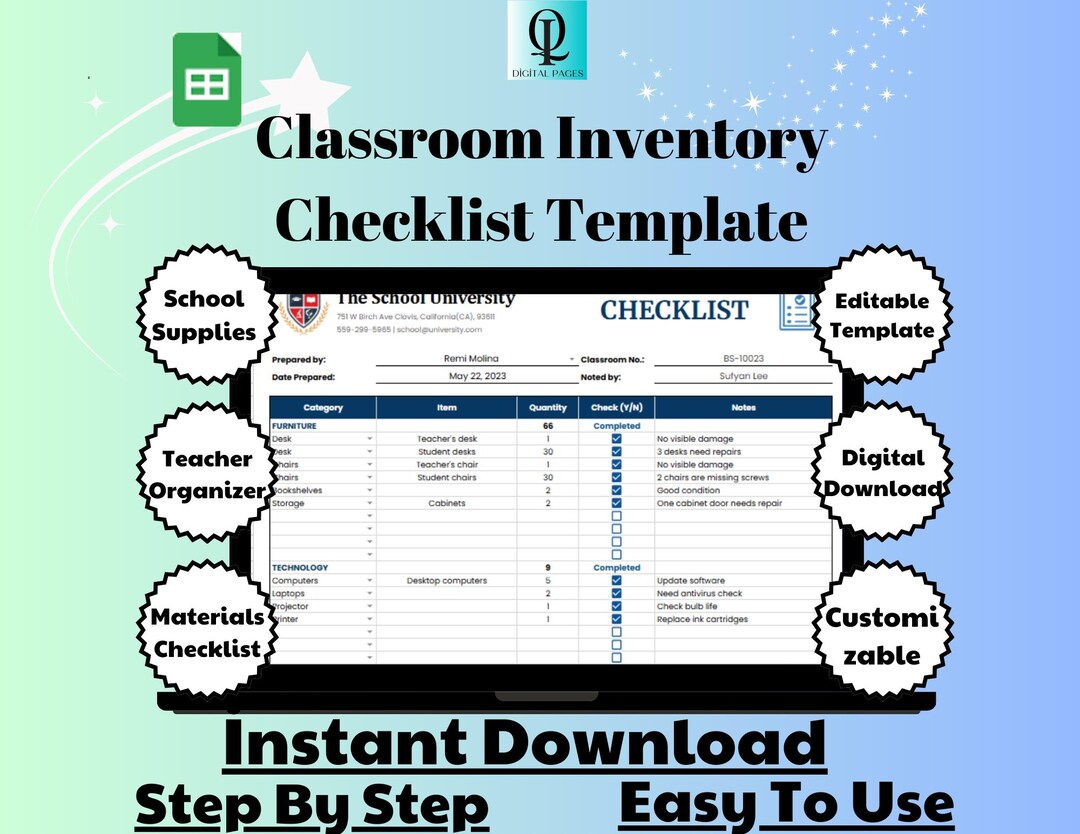 Classroom Inventory Checklist Template, Editable Google Sheets, Digital ...