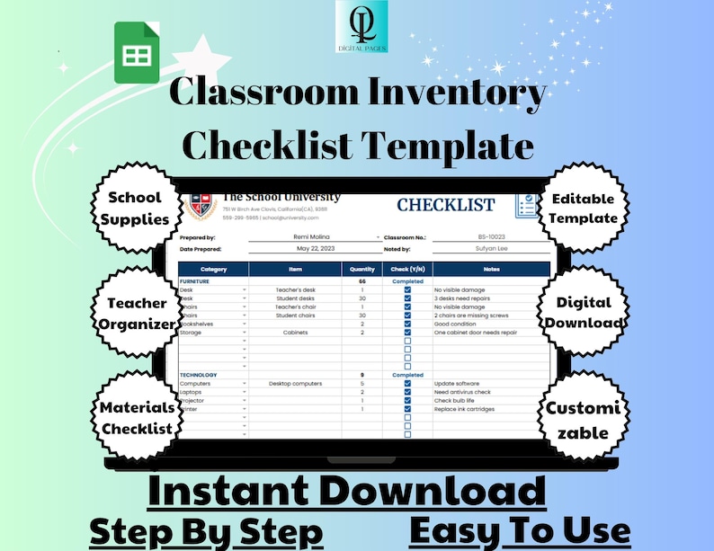 Classroom Inventory Checklist Template, Editable Google Sheets, Digital ...
