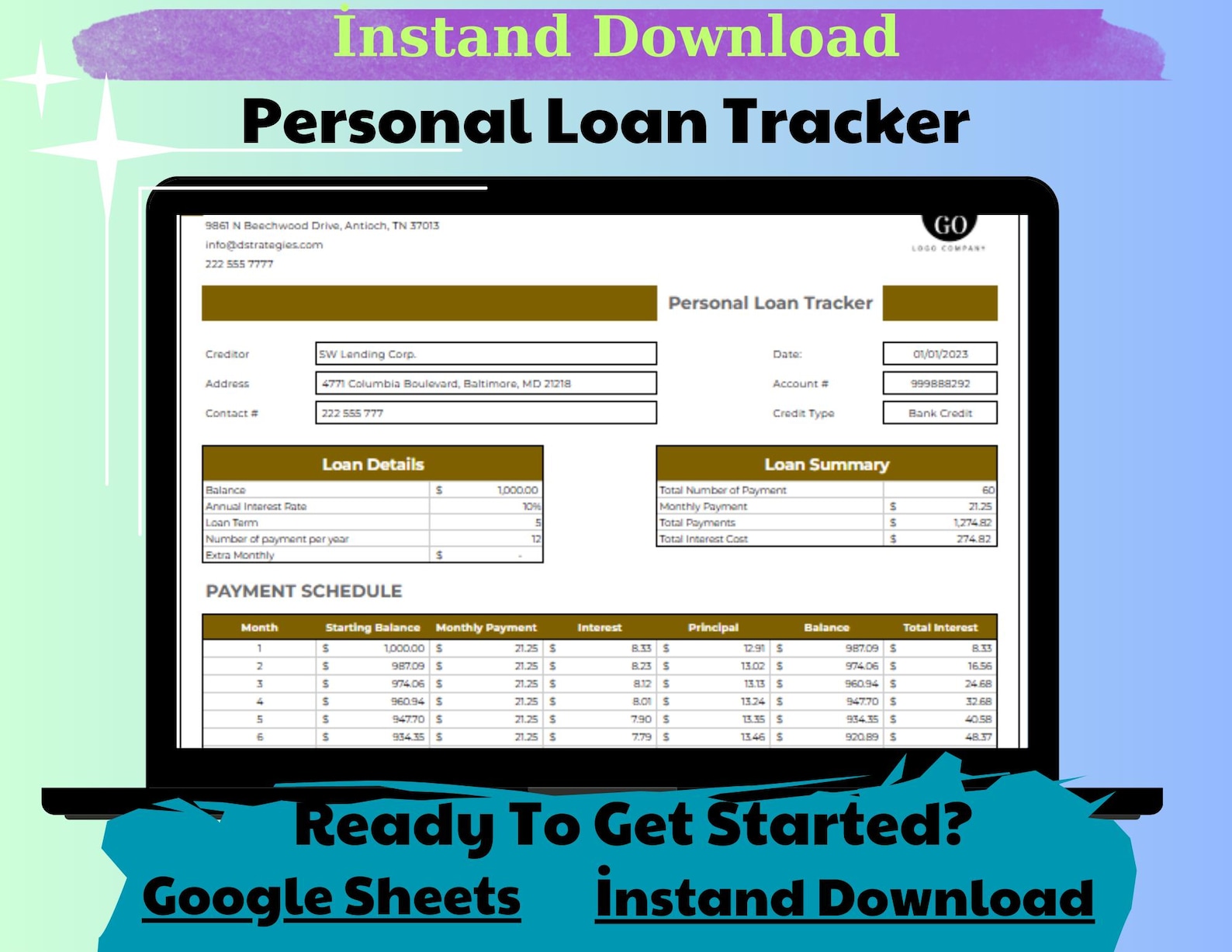 Personal Loan Tracker Template, Editable Google Sheets, Digital ...