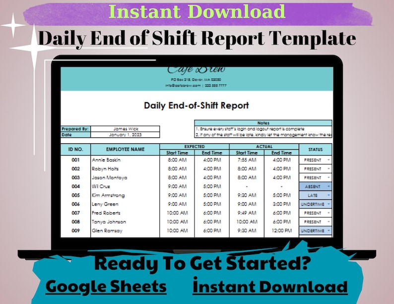 Daily End of Shift Report Template: Editable Google Sheets (digital ...