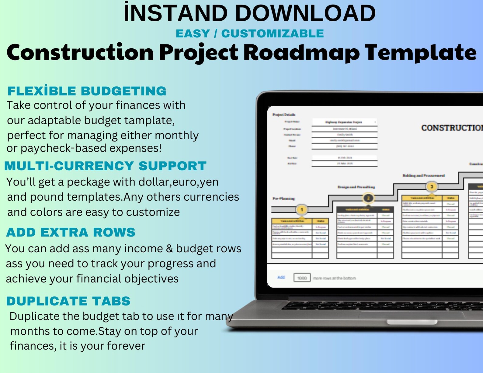 Construction Project Roadmap Template: Editable Google Sheets (digital ...