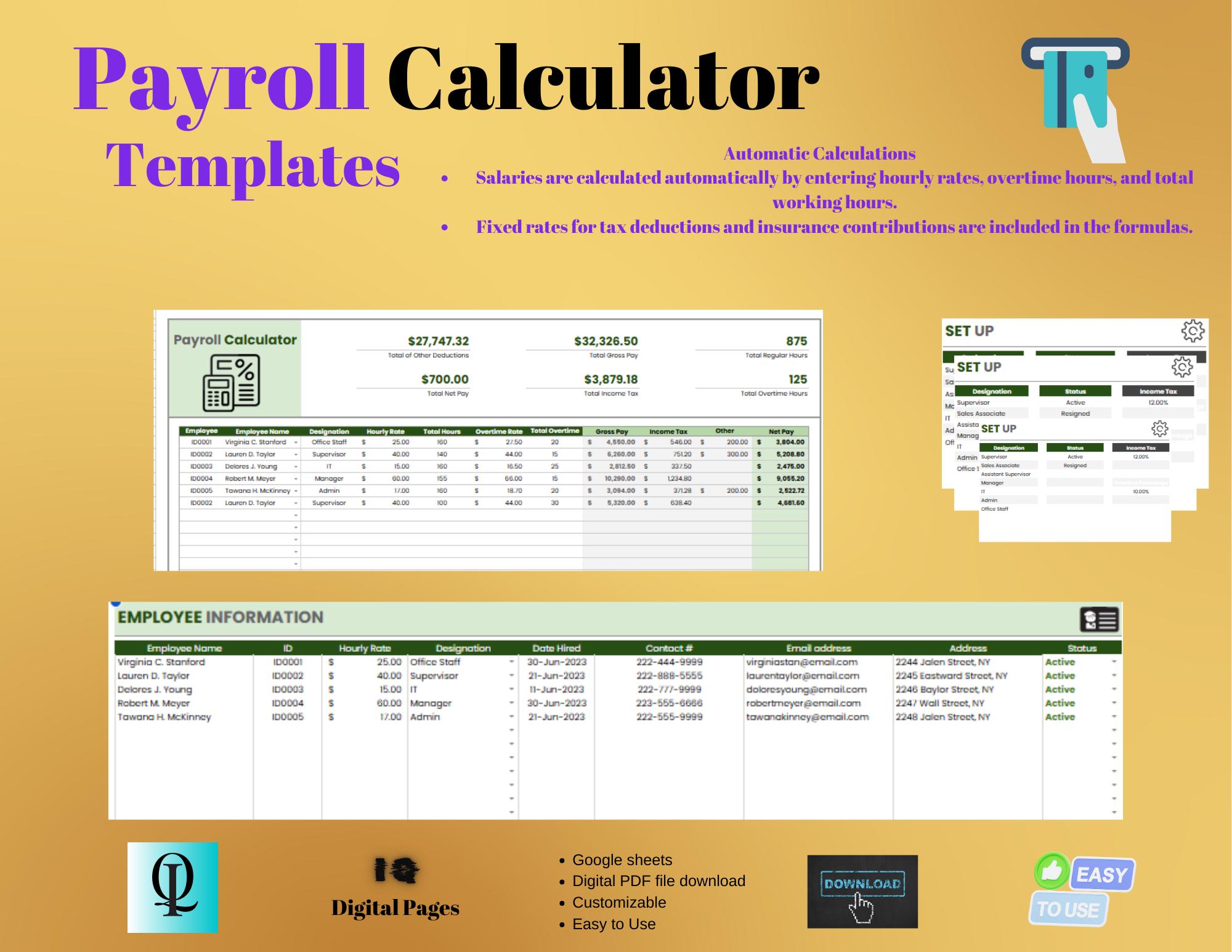 Payroll Calculator Template: Editable Google Sheets (digital Download ...
