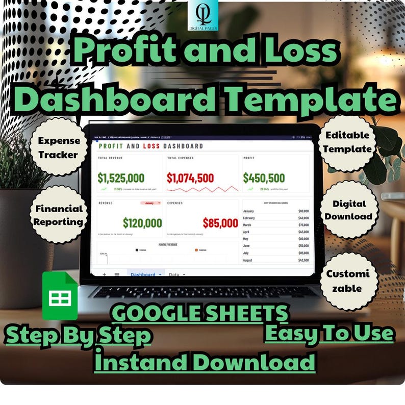 Profit and Loss Dashboard Template, Editable Google Sheets, Easy to Use Digital Download for ...