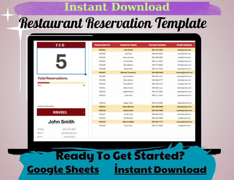 Restaurant Reservation Template, Editable Google Sheets, Digital ...