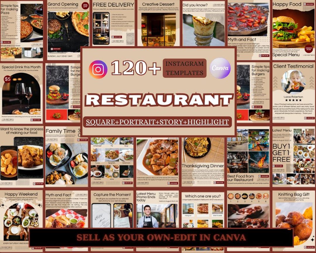 Restaurant Instagram Templates, Editable Canva Social Media Kit ...