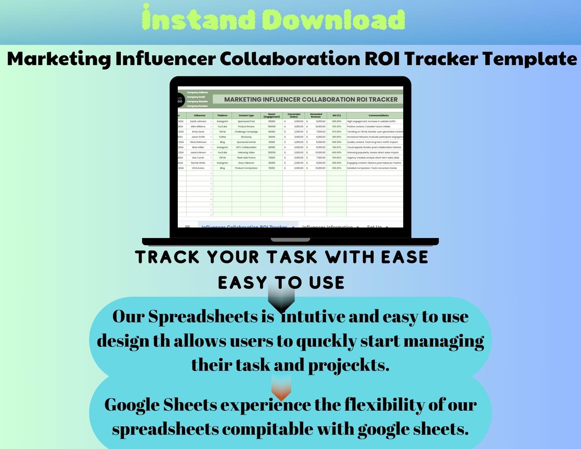 Influencer ROI Tracker Template: Editable Google Sheets (digital ...