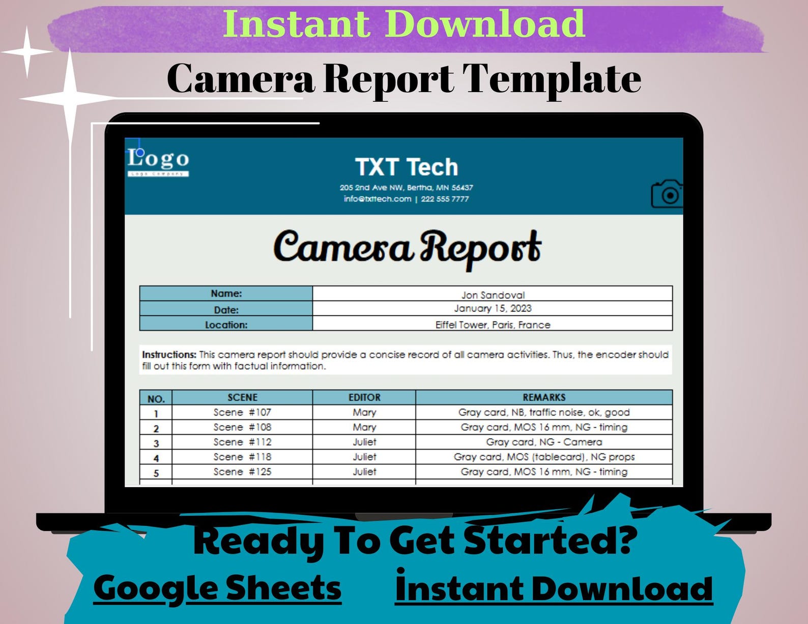 Camera Report Template, Editable Google Sheets, Digital Download for ...
