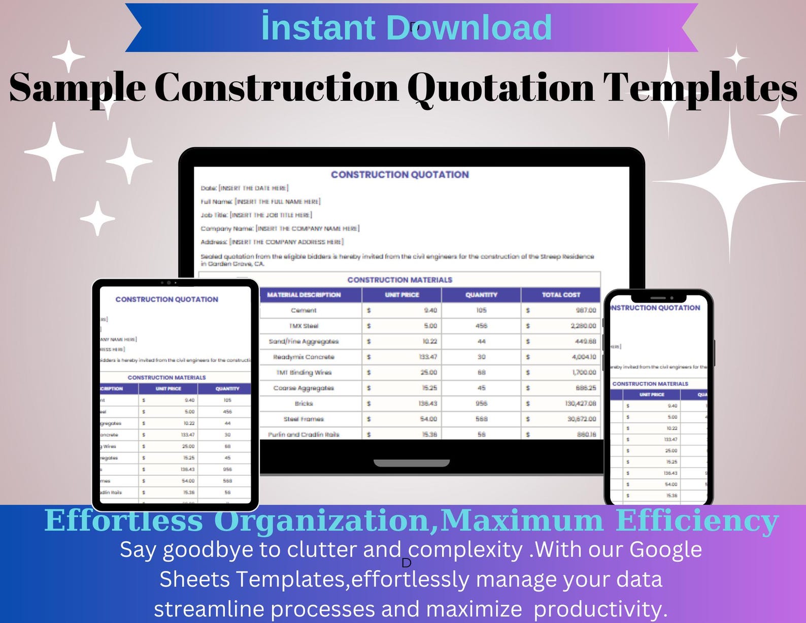 Sample Construction Quotation Templates, Digital Download, Editable ...