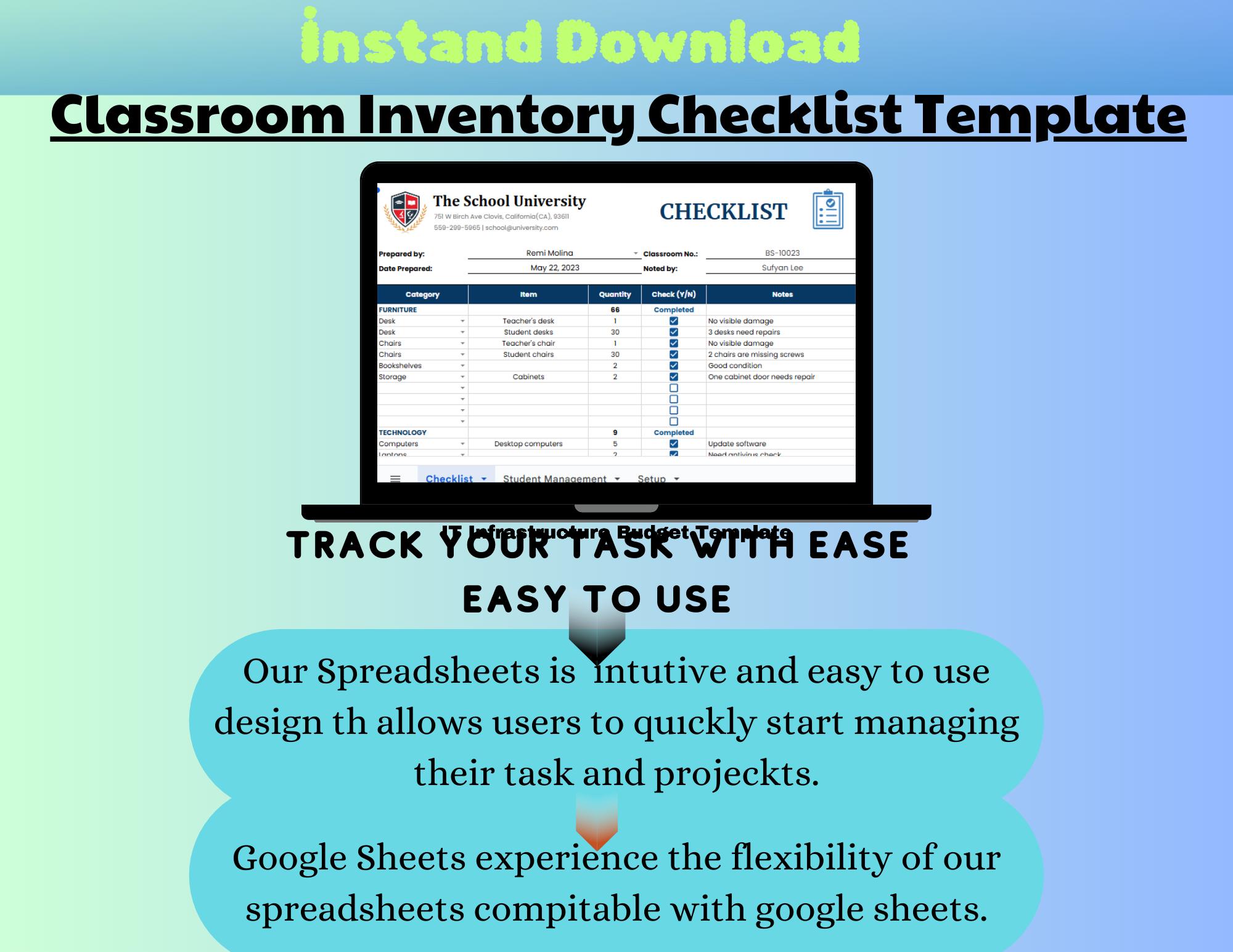 Classroom Inventory Checklist Template, Editable Google Sheets, Digital ...