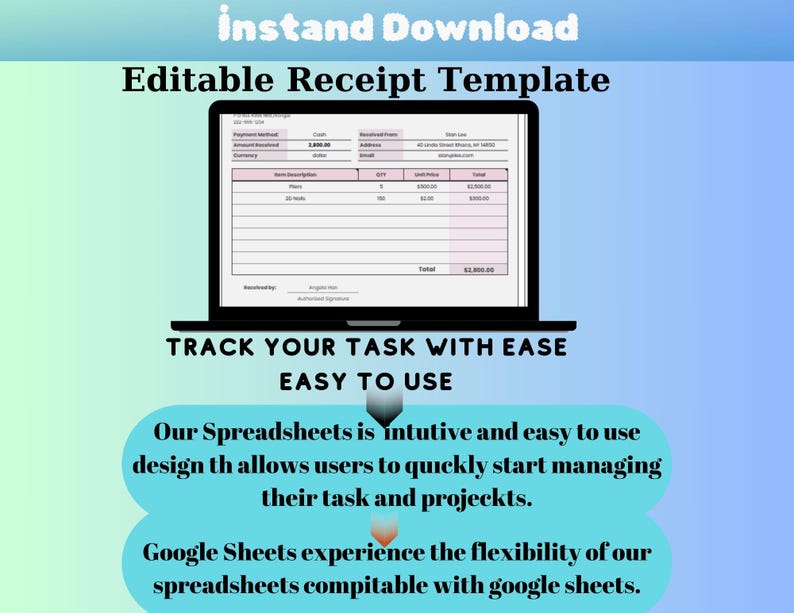 Editable Receipt Template, Google Sheets, Easy to Use Digital Download ...