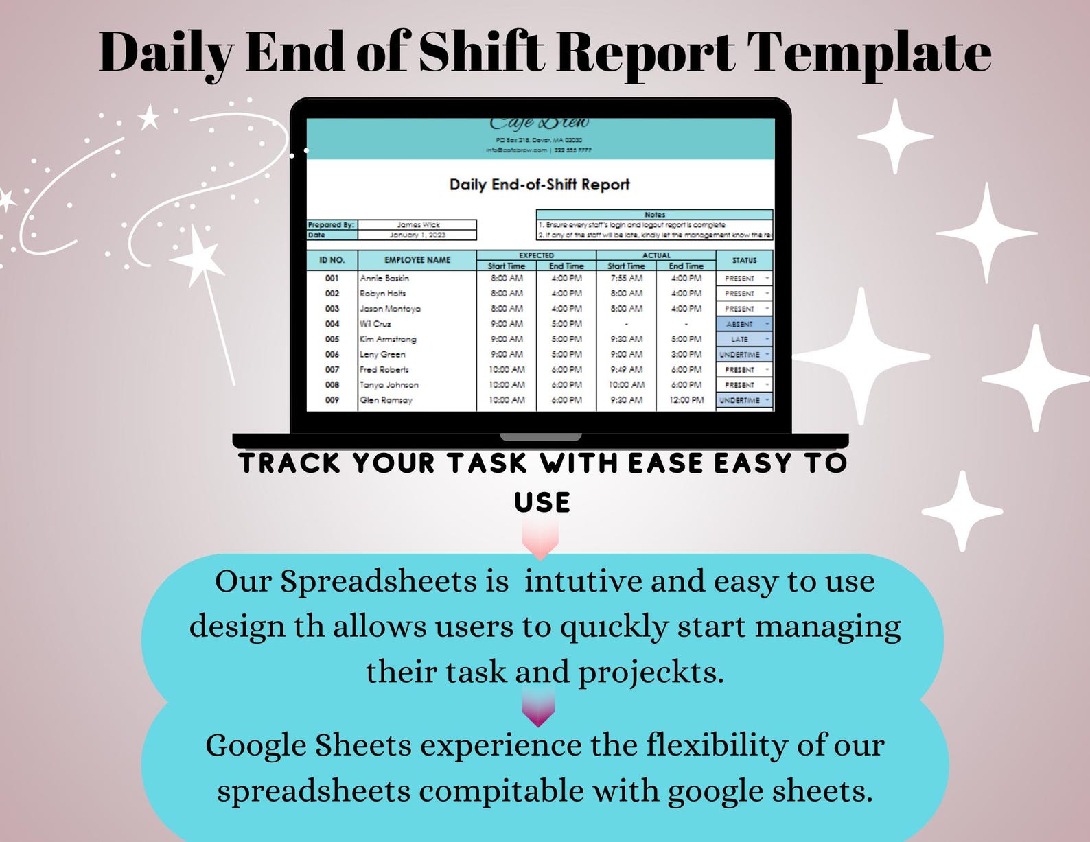 Daily End of Shift Report Template, Editable Google Sheets, Digital ...