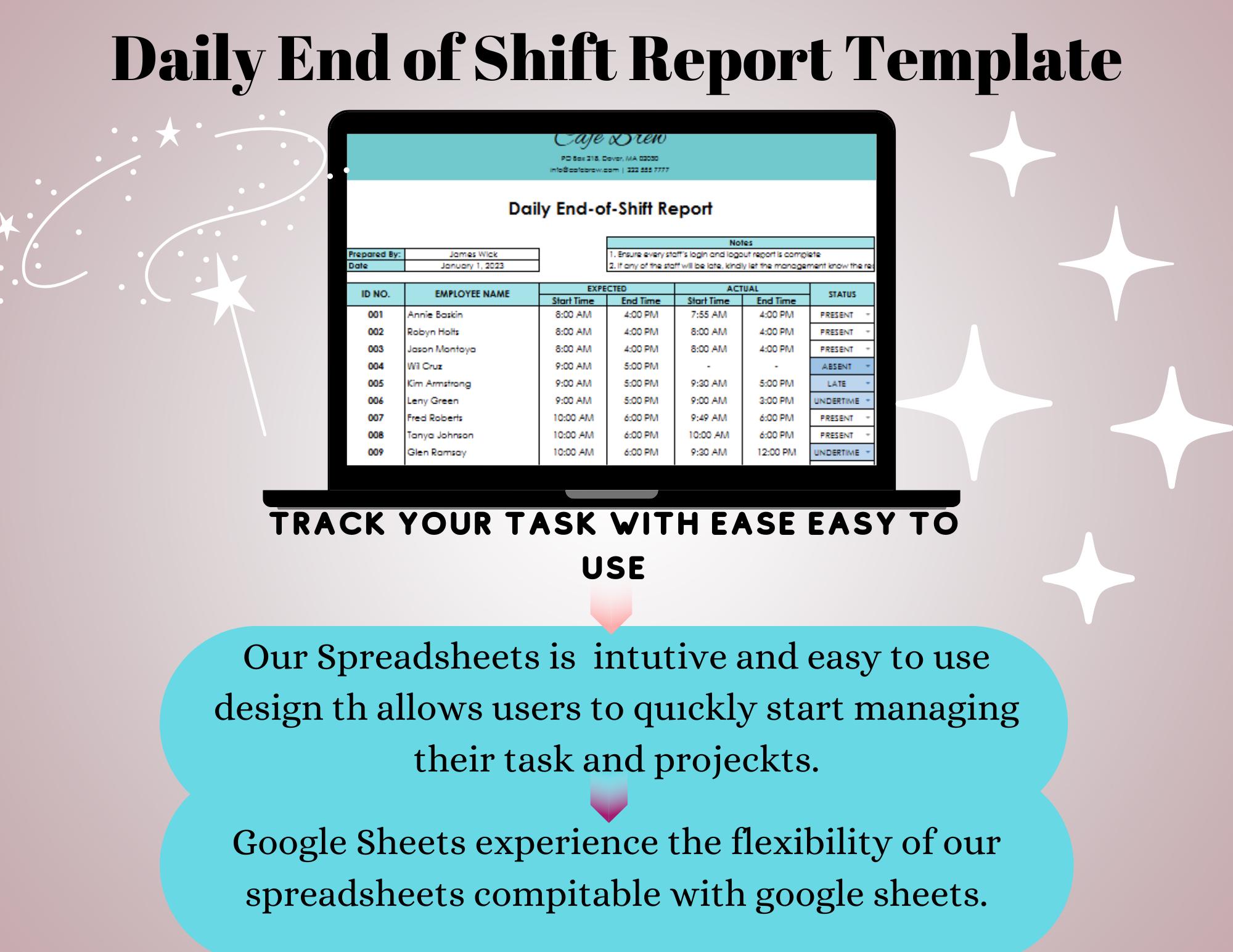 Daily End of Shift Report Template, Editable Google Sheets, Digital Download for Managers and ...