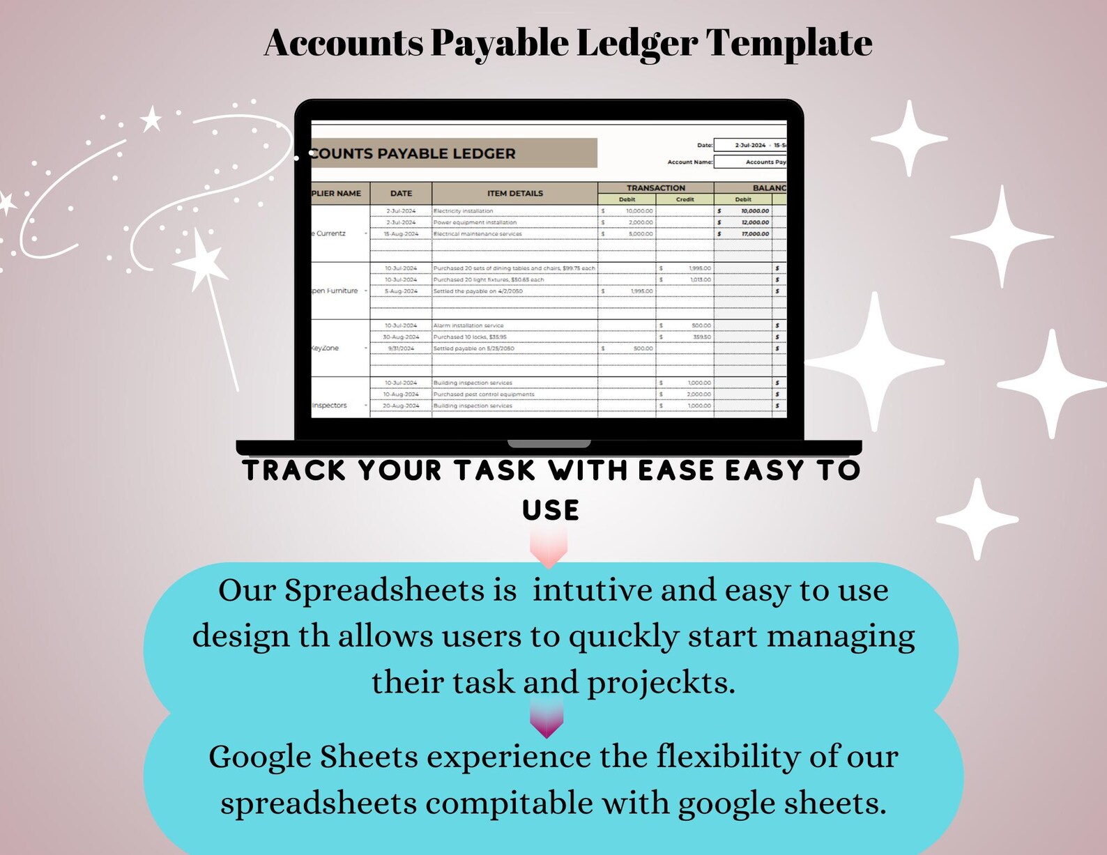 Accounts Payable Ledger Template, Editable Google Sheets, Digital ...