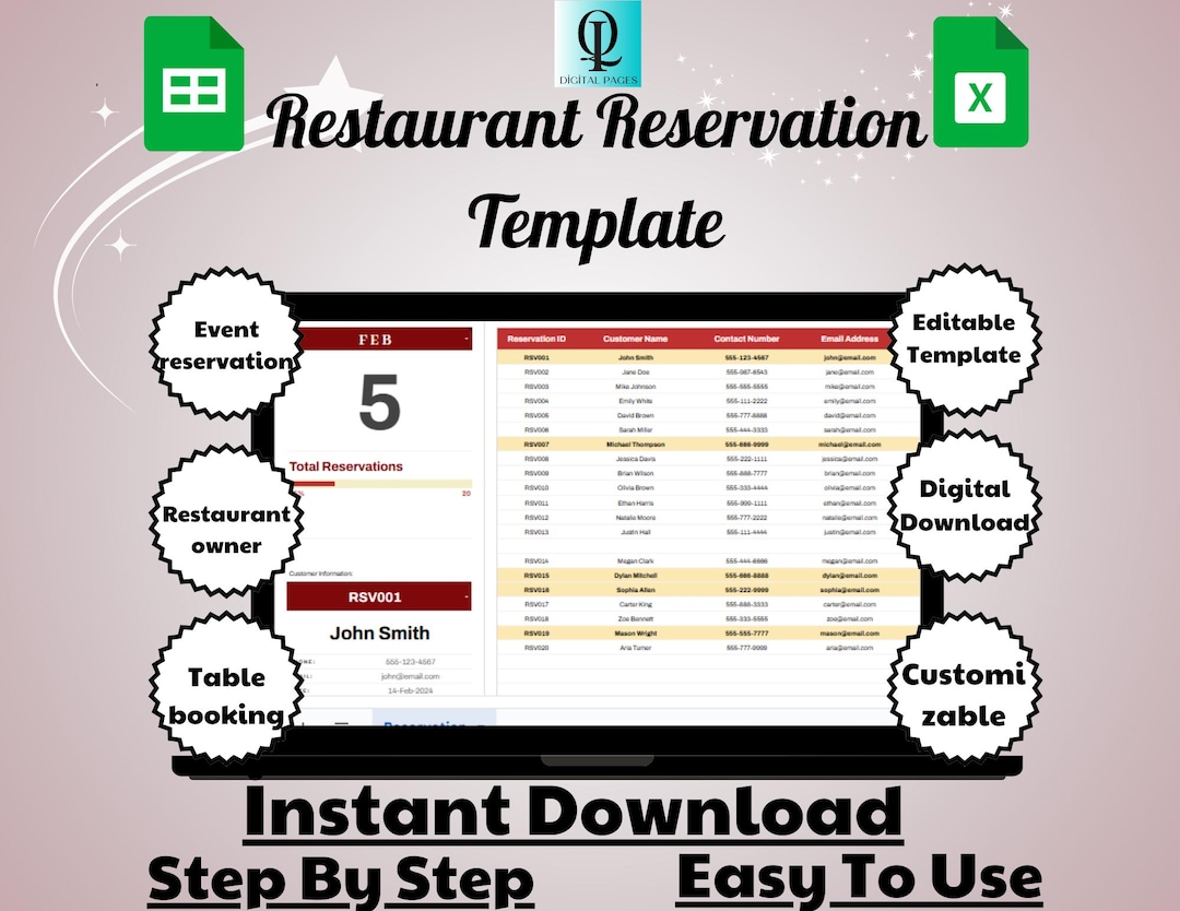 Restaurant Reservation Template, Editable Google Sheets, Digital ...